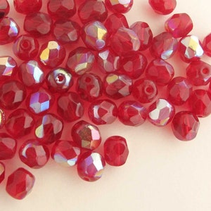 Ruby Red A/B Czech Glass Beads 4mm or 6mm Fire Polished Aurora Borealis ...