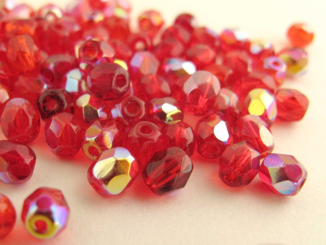 Ruby Red A/B Czech Glass Beads 4mm or 6mm Fire Polished Aurora Borealis ...