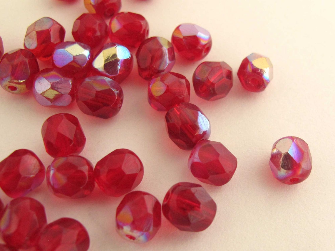 Ruby Red A/B Czech Glass Beads 4mm or 6mm Fire Polished Aurora Borealis ...