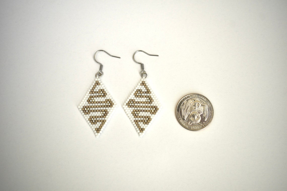 Geometric Beaded Earrings, Abstract Design, Tan/taupe & Silver Accents ...