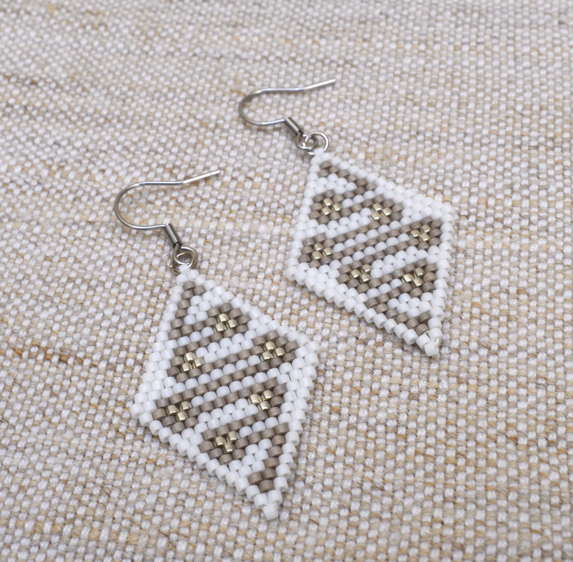 Geometric Beaded Earrings, Abstract Design, Tan/taupe & Silver Accents ...