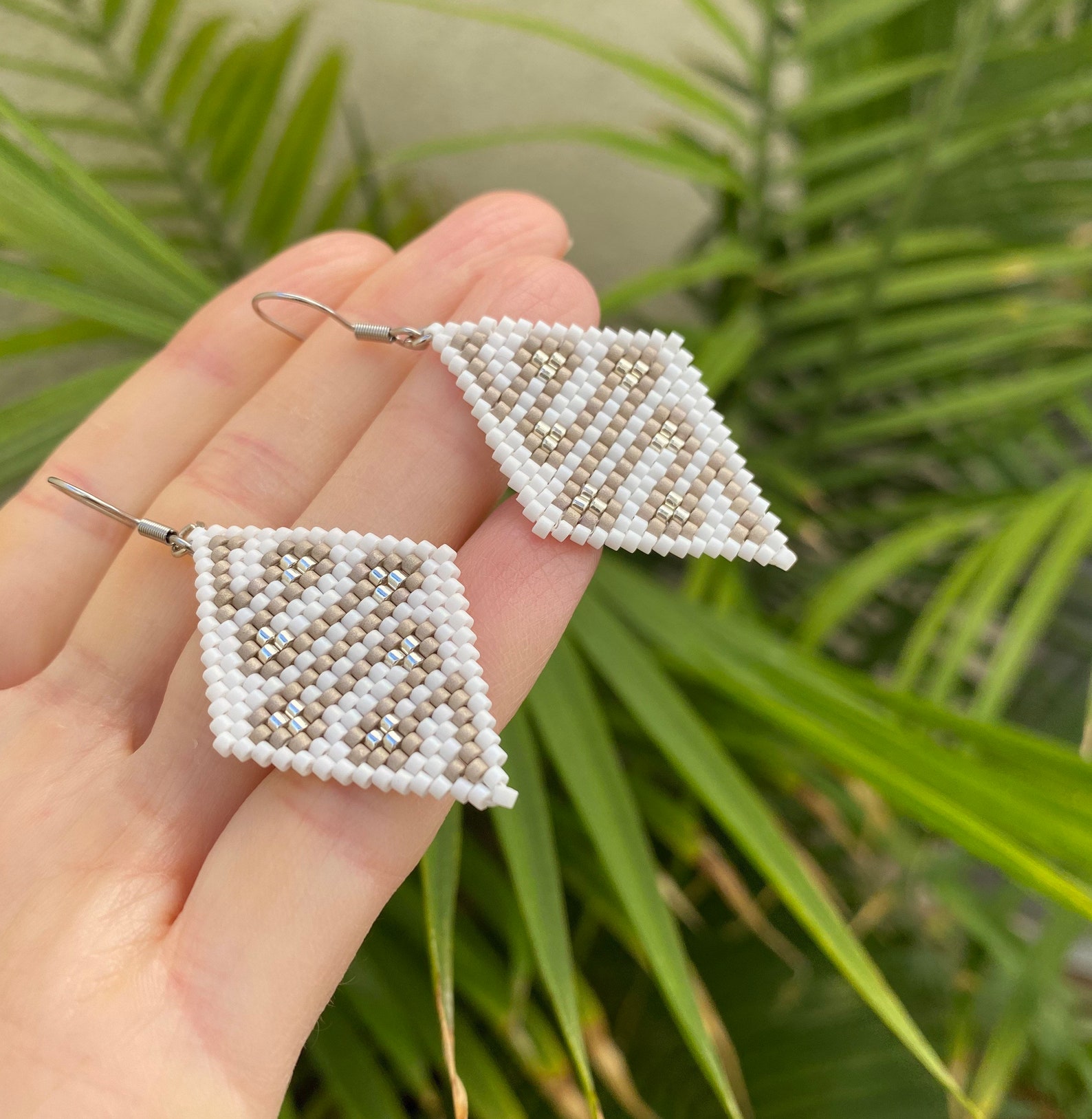 Geometric Beaded Earrings, Abstract Design, Tan/taupe & Silver Accents ...