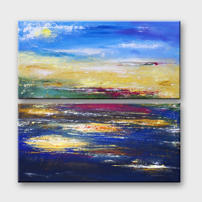 Blue Horizontal Diptych Painting Wrapped Canvas Contemporary - Etsy