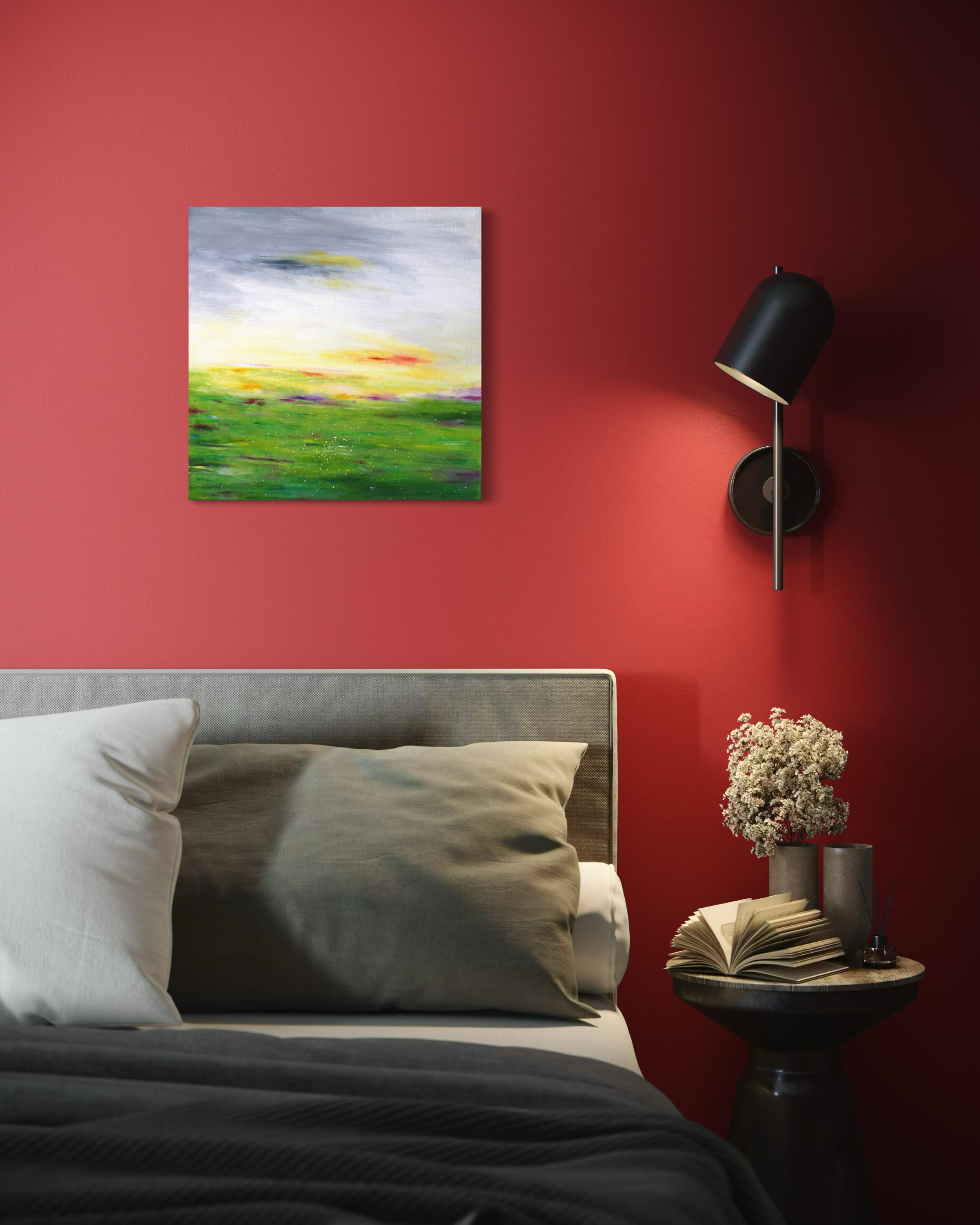 Original Abstract Green Landscape Painting 40x40 Cm, Modern Minimalist ...
