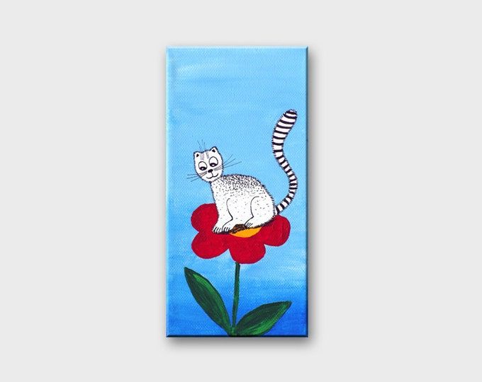 Blue Cat Painting Red Blue Kids Room Canvas Animal Painting / White ...