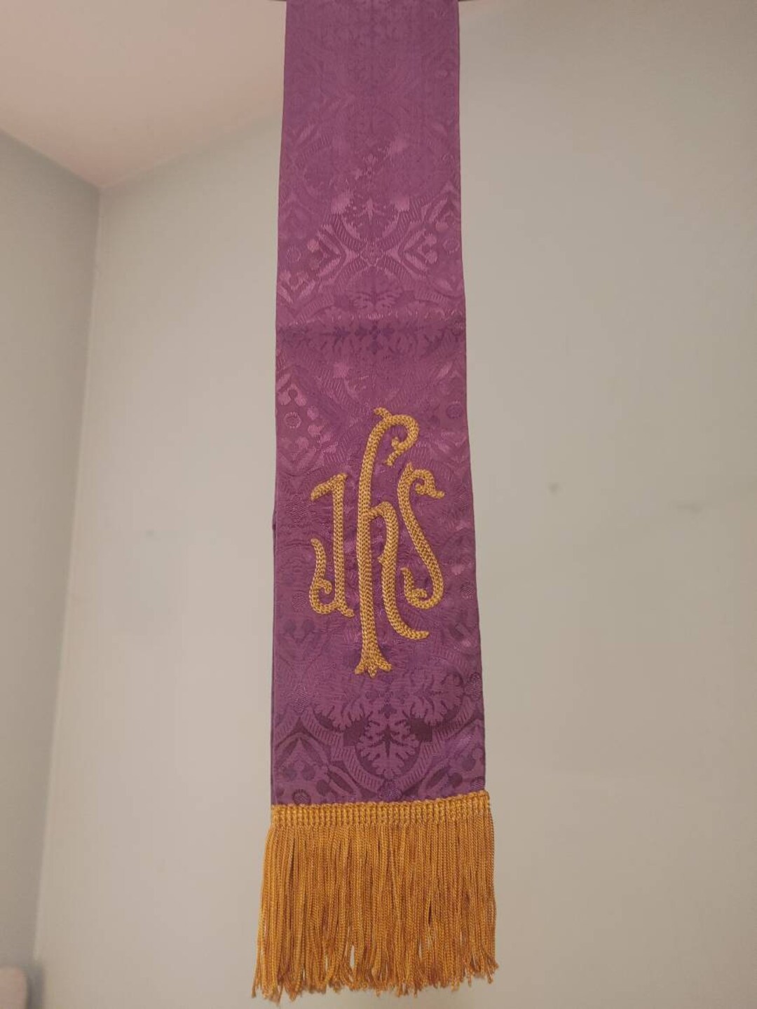 Christian Sash With Purple Brocade Fabric and Gold Fringe Trim - Etsy