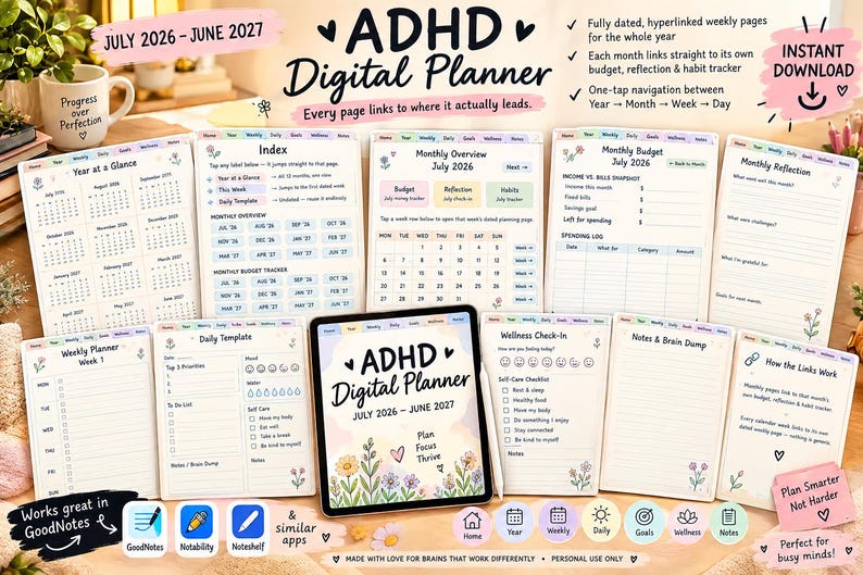 ADHD Digital Planner 2026-2027, Color-coded Hyperlinked Goodnotes ...