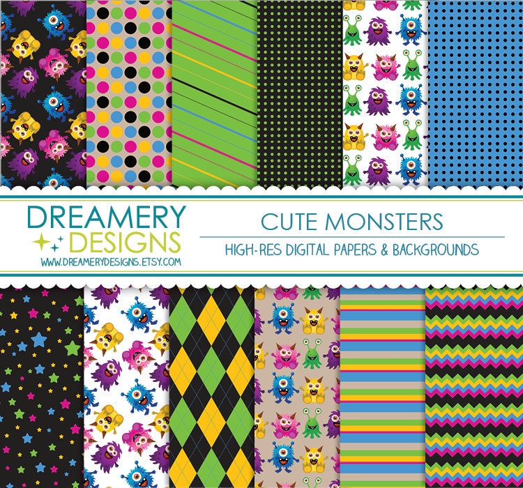 Cute Monsters Digital Papers - INSTANT DOWNLOAD - Printable Jpgs ...