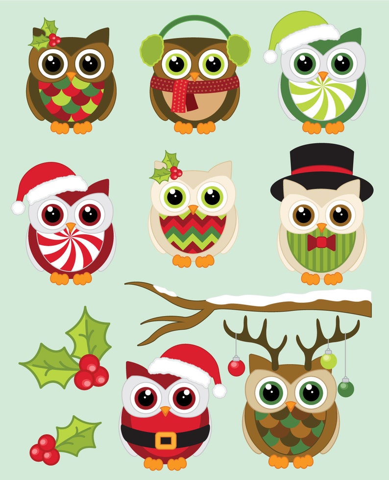 11 Christmas Owl Clip Art Images - PNG - INSTANT DOWNLOAD - Invitations ...