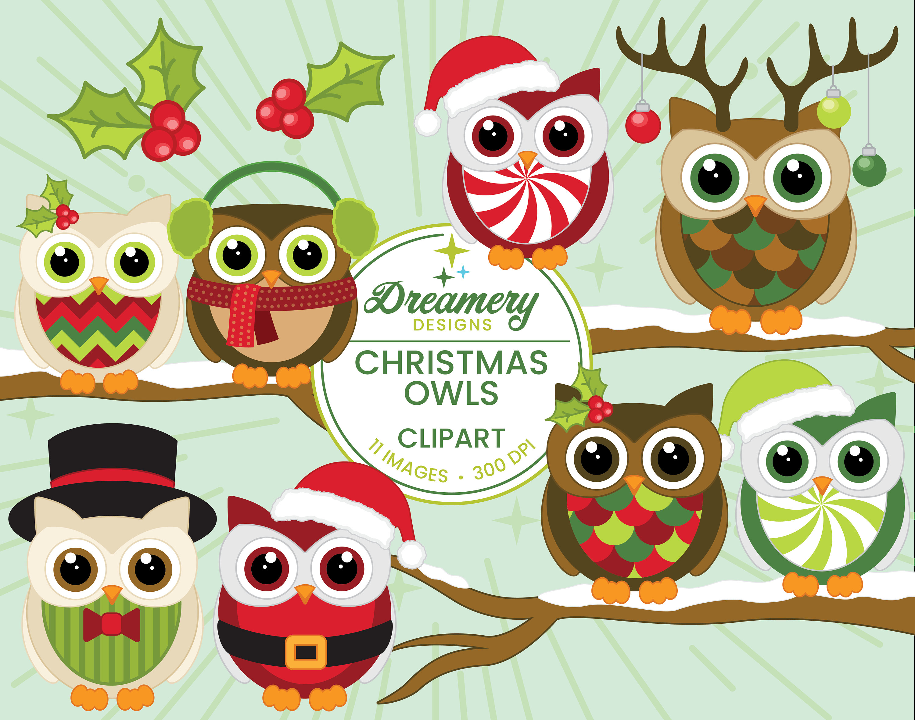 11 Christmas Owl Clip Art Images - PNG - INSTANT DOWNLOAD - Invitations ...