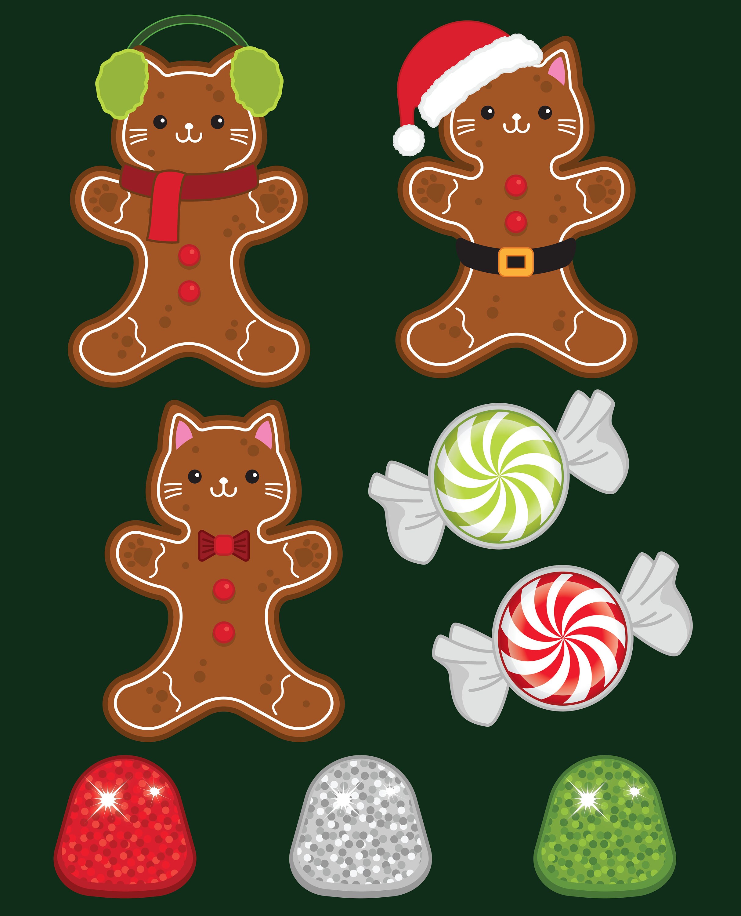 8 Gingerbread Cats & Candy Clip Art Images INSTANT DOWNLOAD Christmas ...