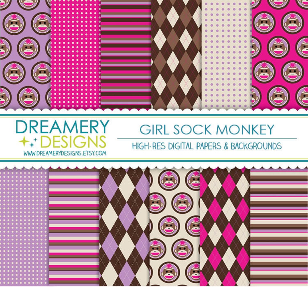 Girl Sock Monkey Digital Papers - INSTANT DOWNLOAD - Printable Jpgs ...