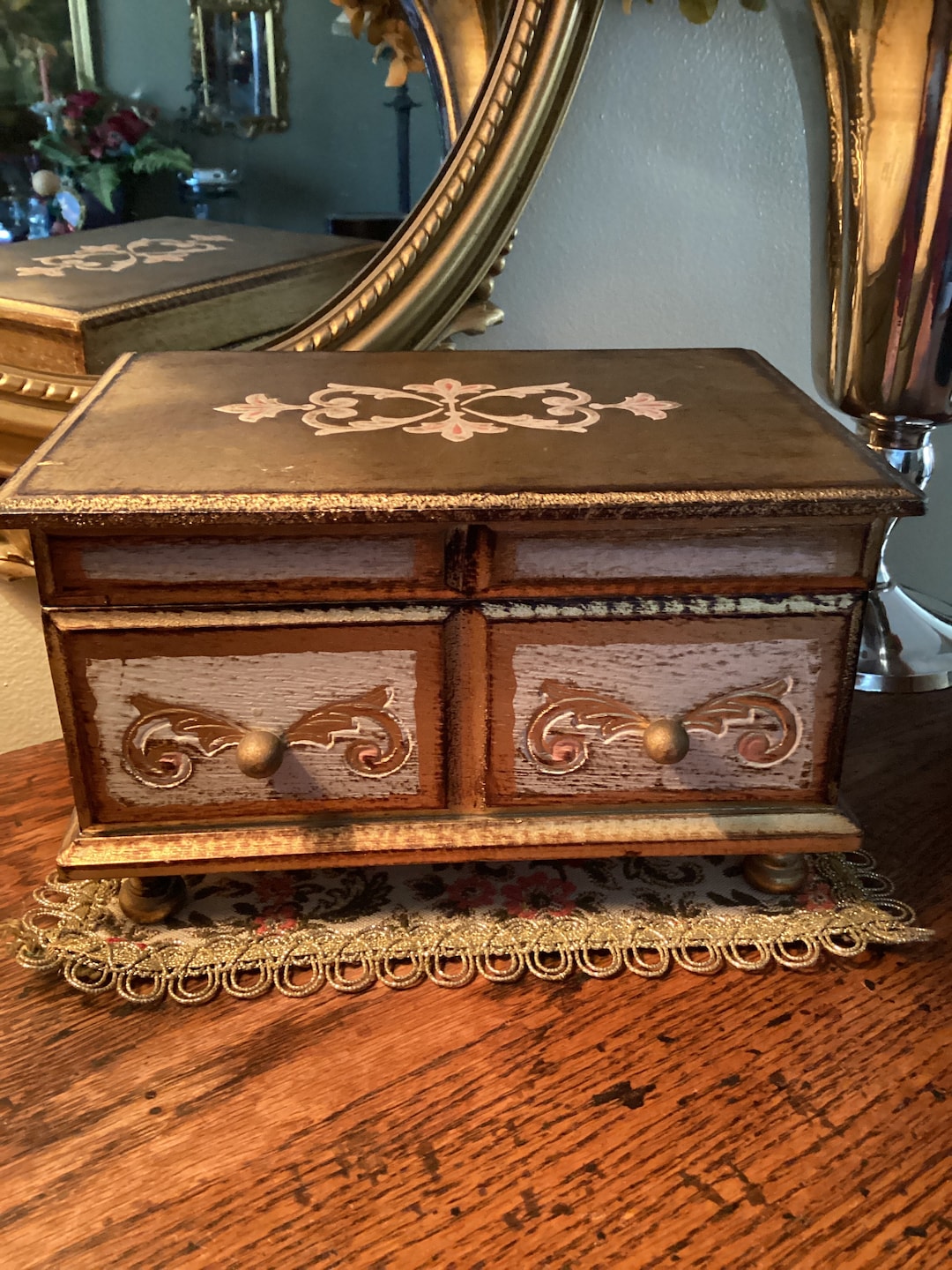 Vintage Japan Wood Musical Jewelry Box Florentine Style Deep Red Lining ...