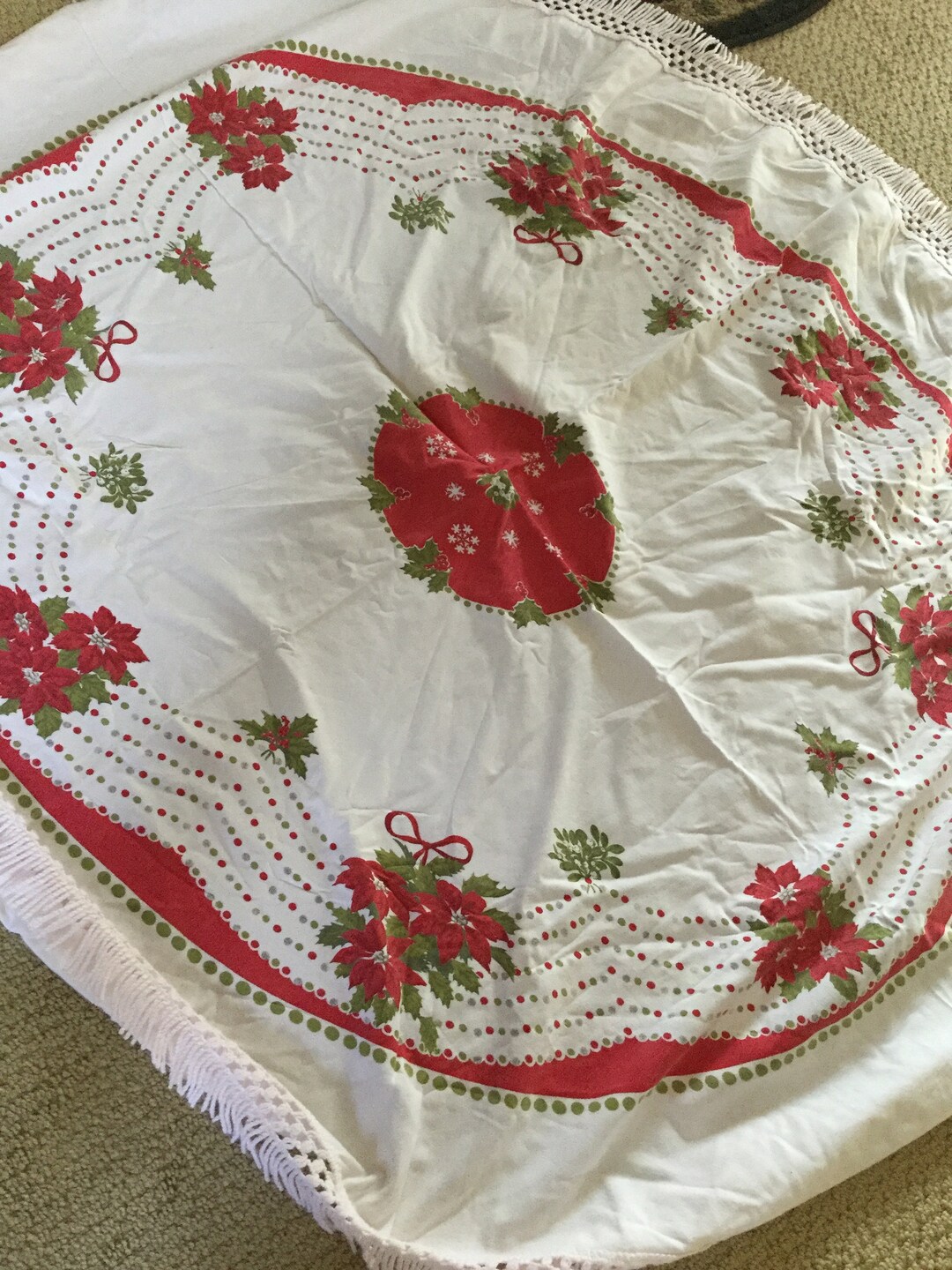 50" Round Beautiful Vintage Cotton Christmas Poinsettia Holly Berry ...