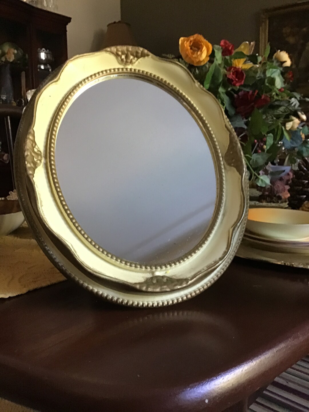 Beautiful 12 1/2" X 10" Gold and Ivory Antique Oval Framed Tabletop ...