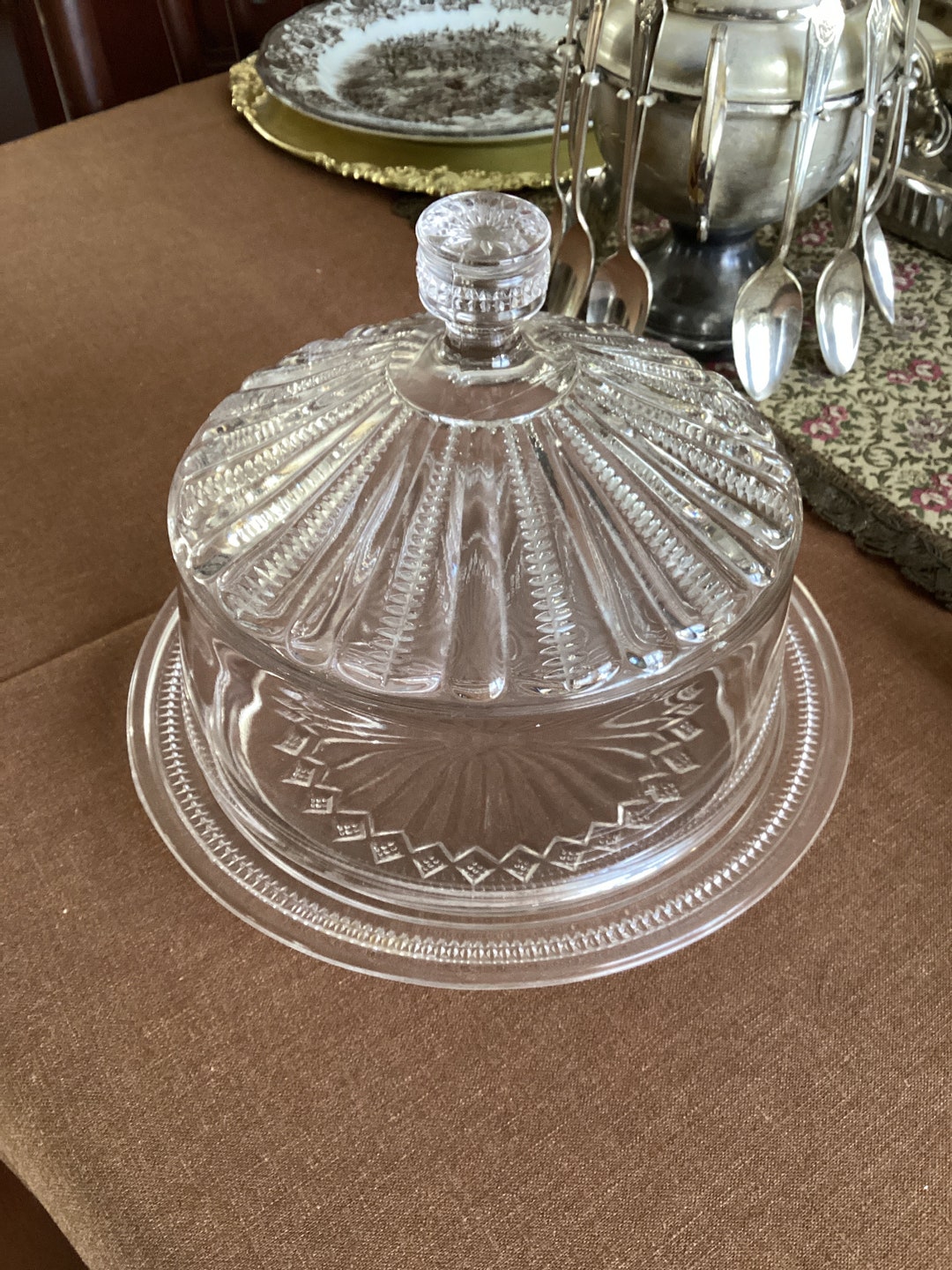 8.75"x7" Tall Victorian Clear Pressed Zipper Pattern Glass Cheese ...