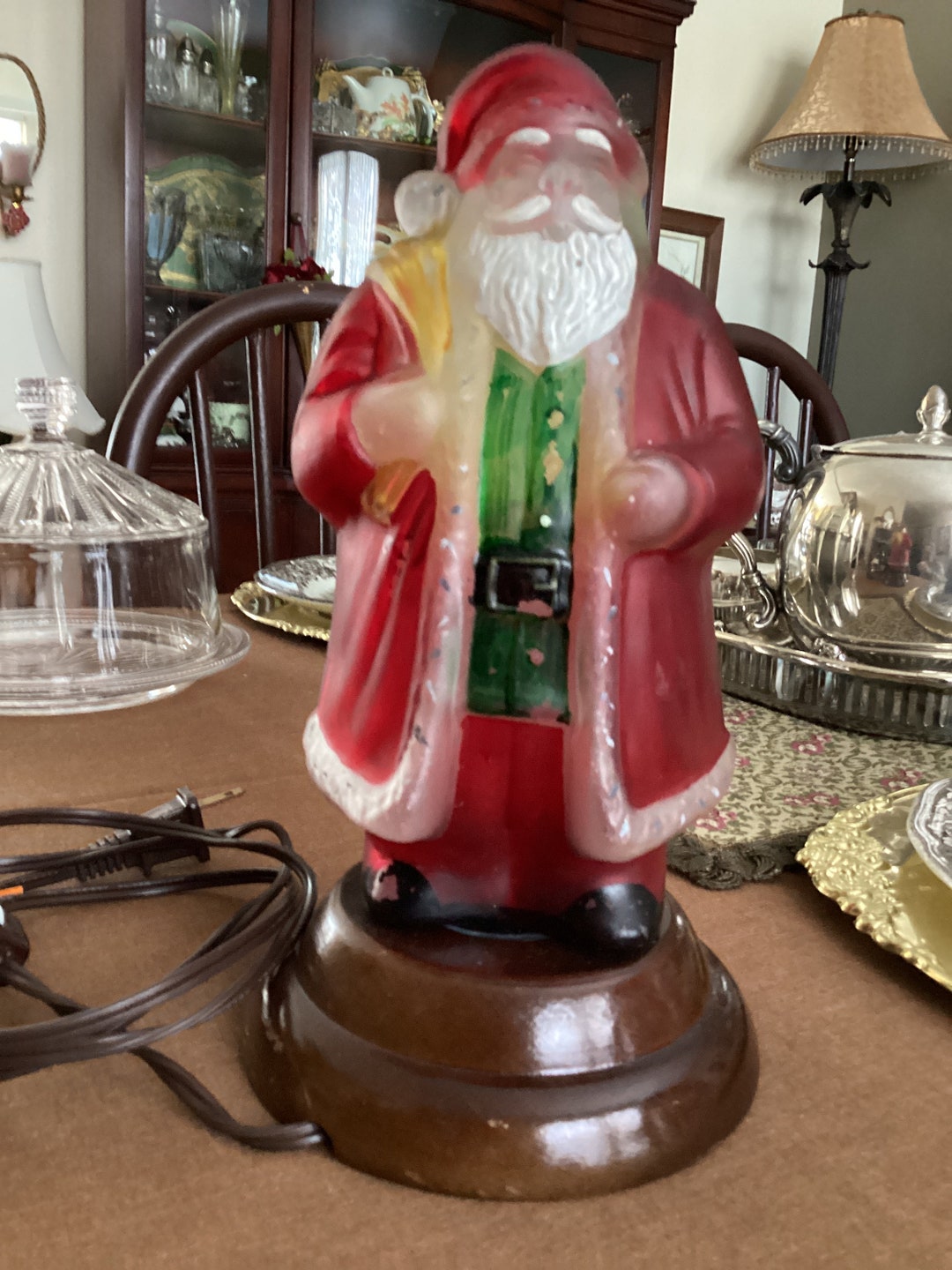 1985 Merck Old World Colorful 10" Lighted Glass Santa on Wood Base - Etsy