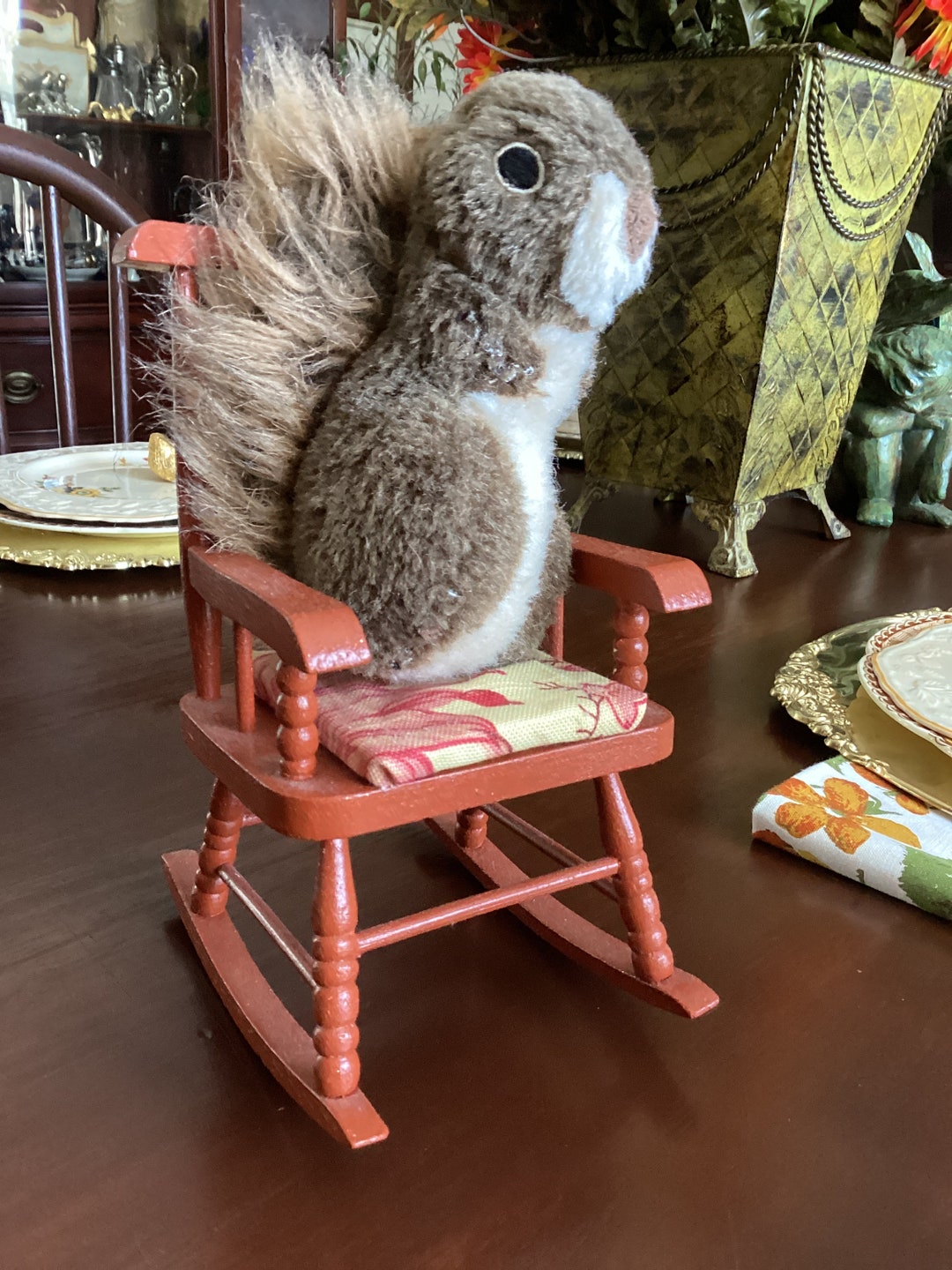 Red Painted Wood Rocking Chair With Cut Out and Much Loved Old Squirrel ...