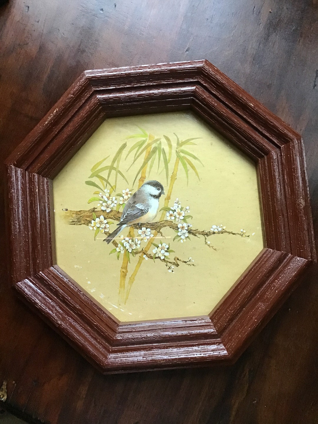 10 X 10 Octagonal Homco Plastic Bird Chickadee and Bamboo Picture Frame ...