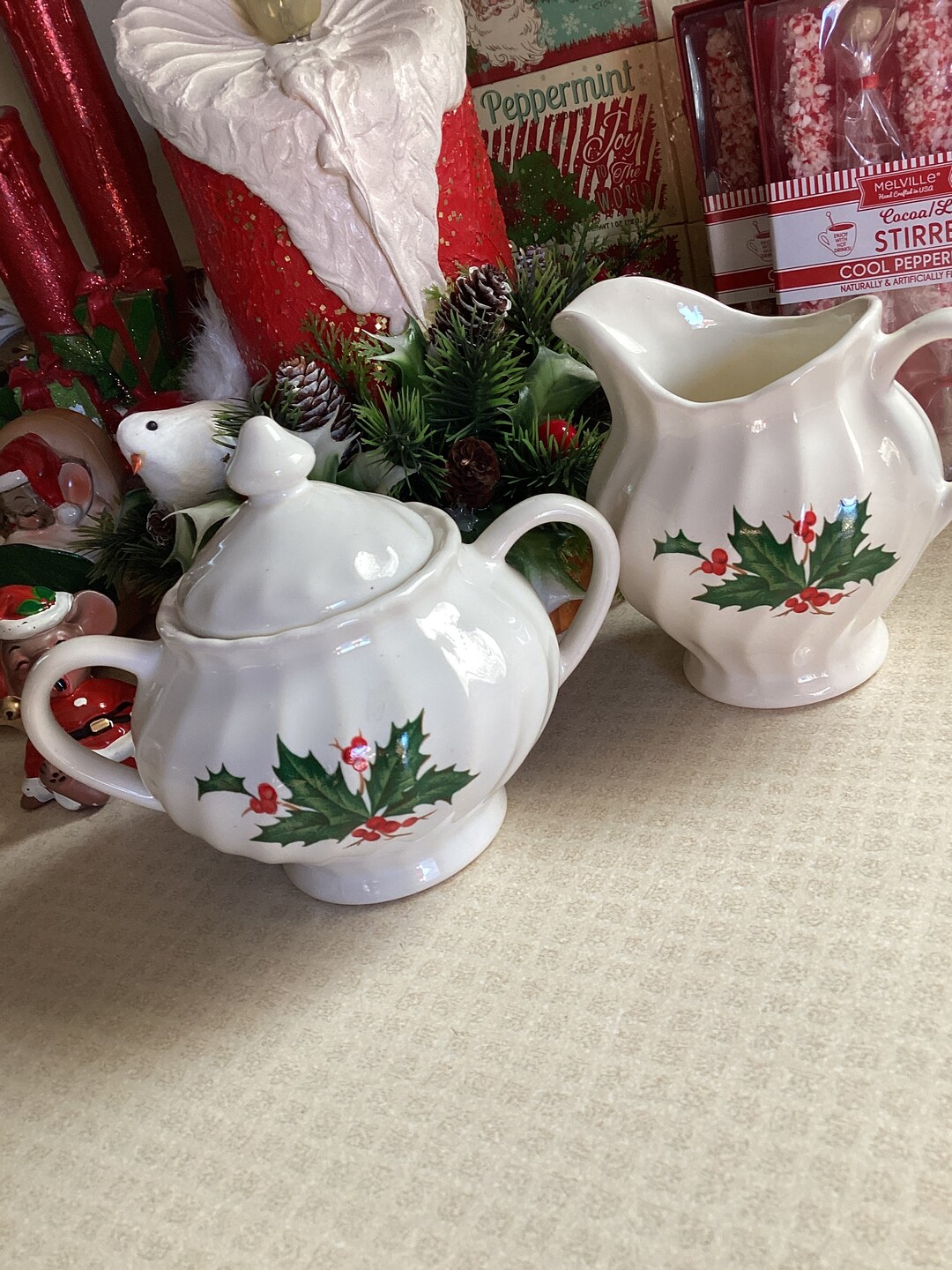 Mid Century Scio Pottery Company Ohio-christmas White Ribbed Holly ...