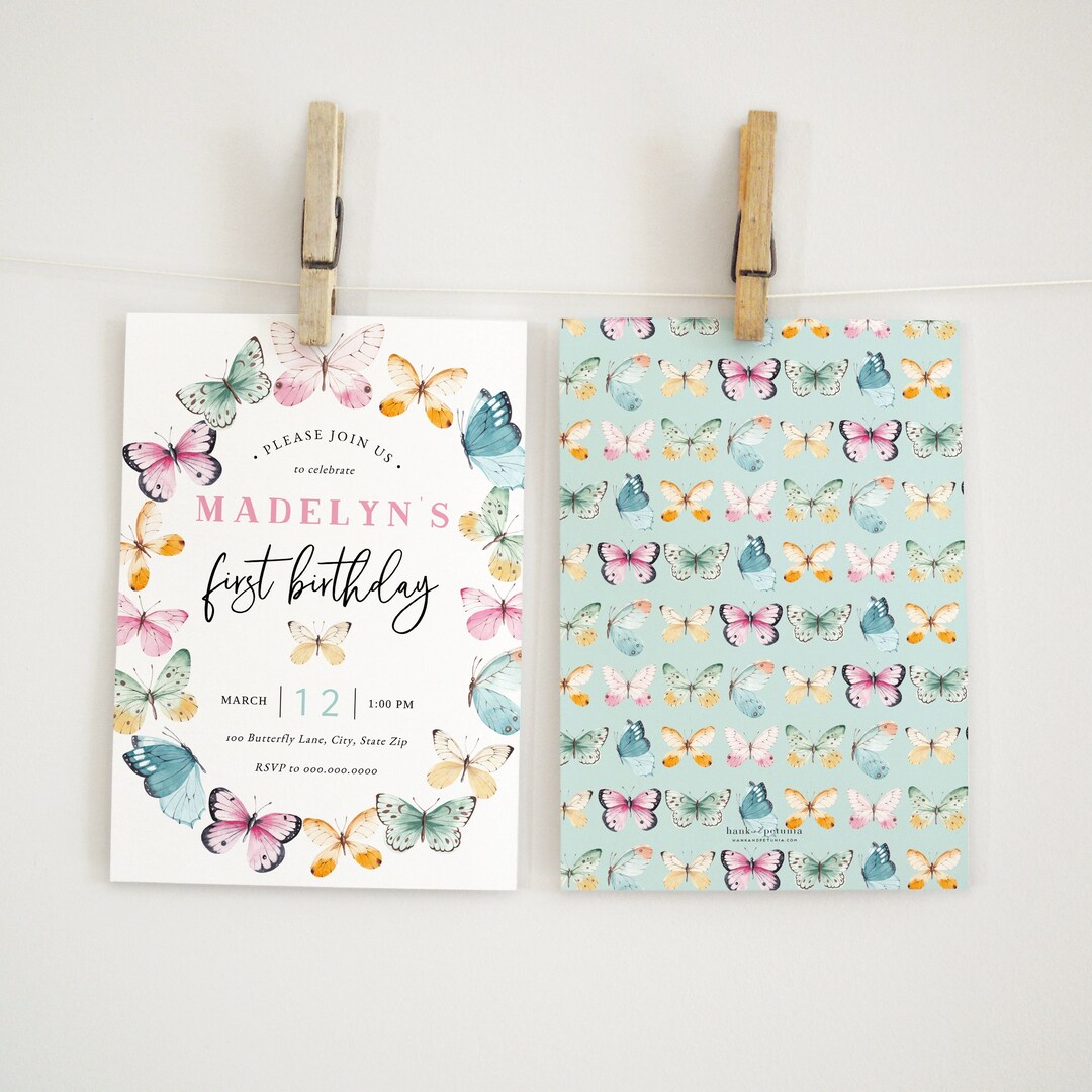 Customizable Butterfly First Birthday Party Invitation Template ...