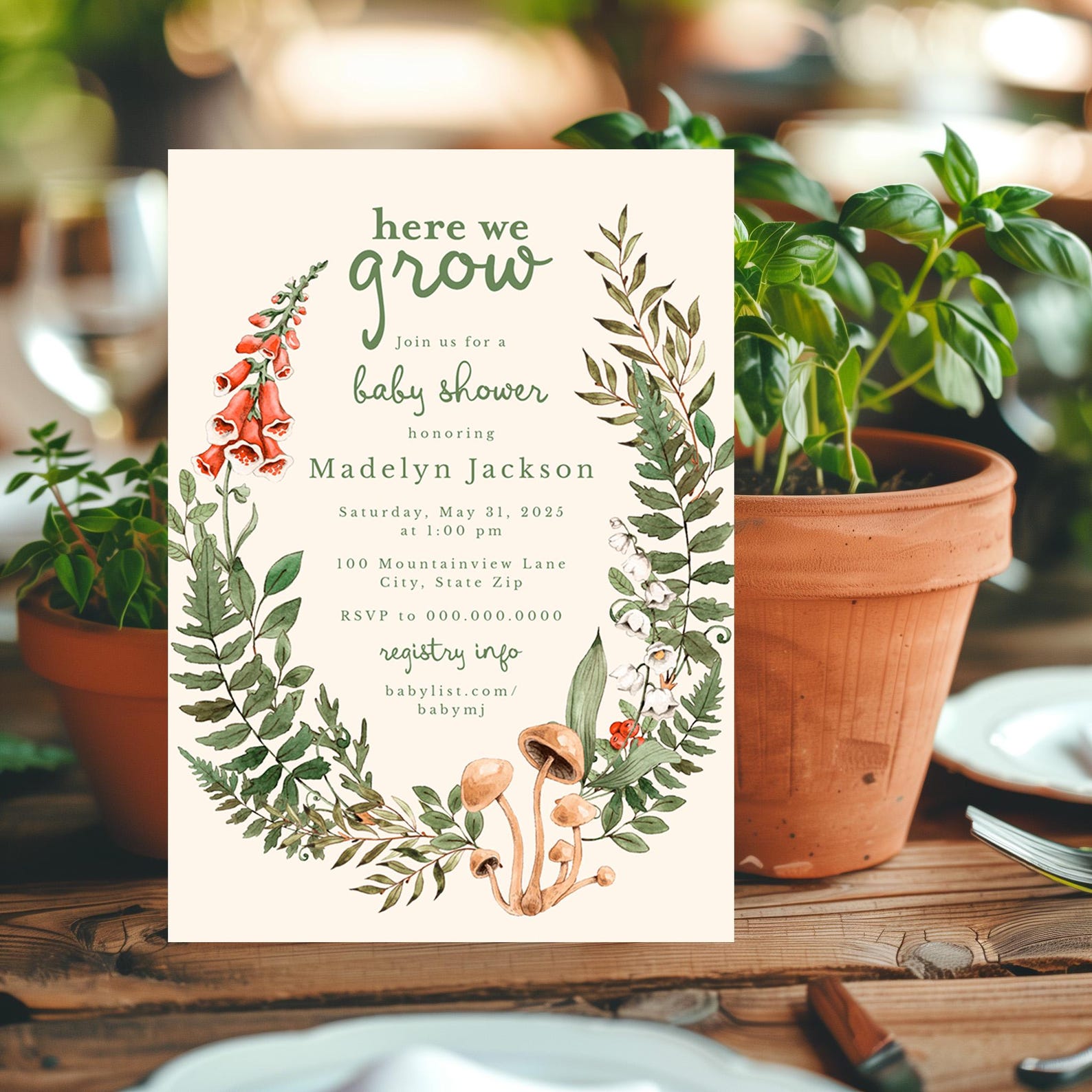 Here We Grow Baby Shower Invitation, Woodland Baby Shower Digital ...