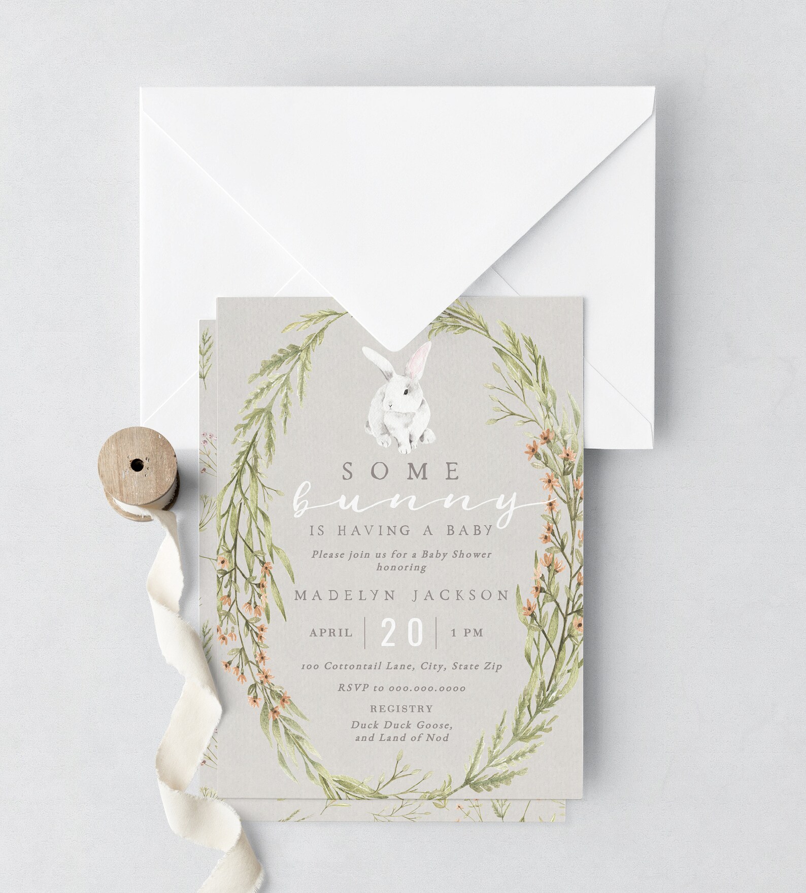 Bunny Spring Baby Shower Invitation, Spring Floral Baby Shower Digital ...
