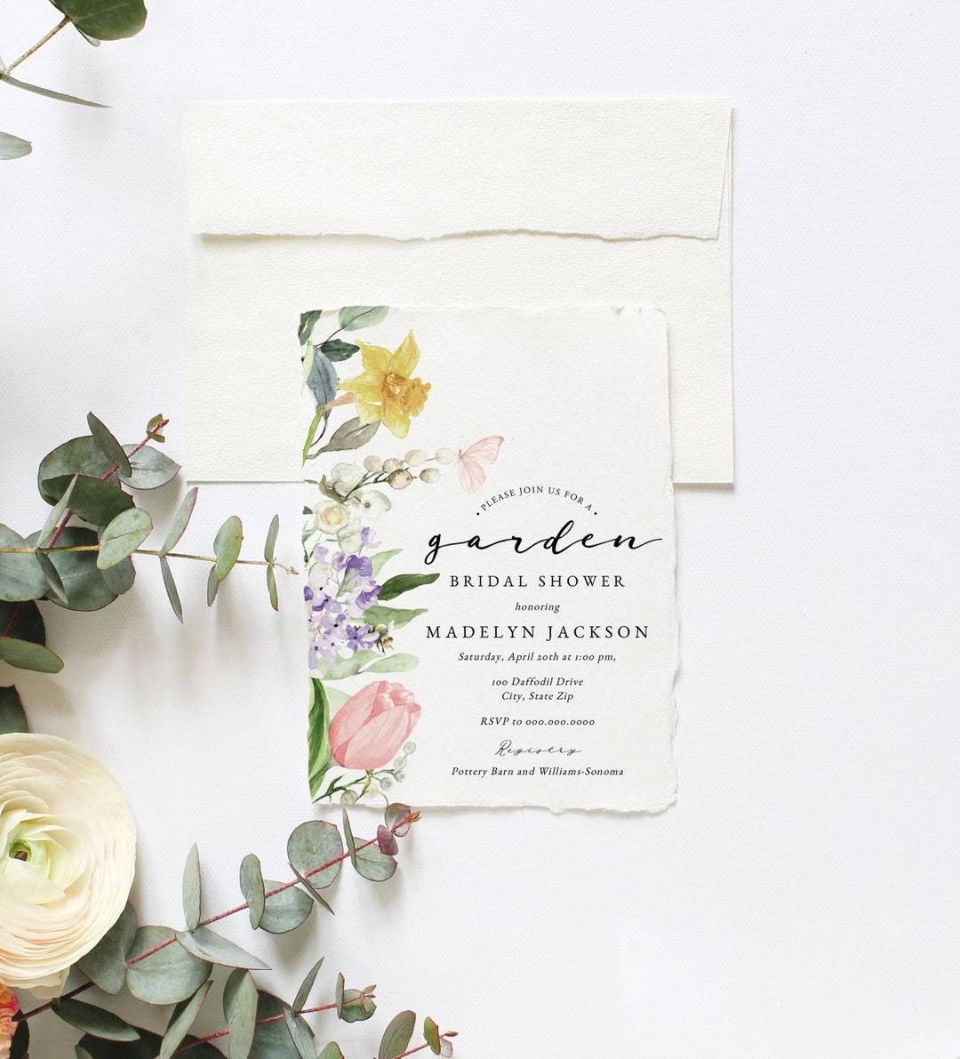 Spring Tulip and Daffodil Garden Bridal Shower Invitations, Floral Bee ...