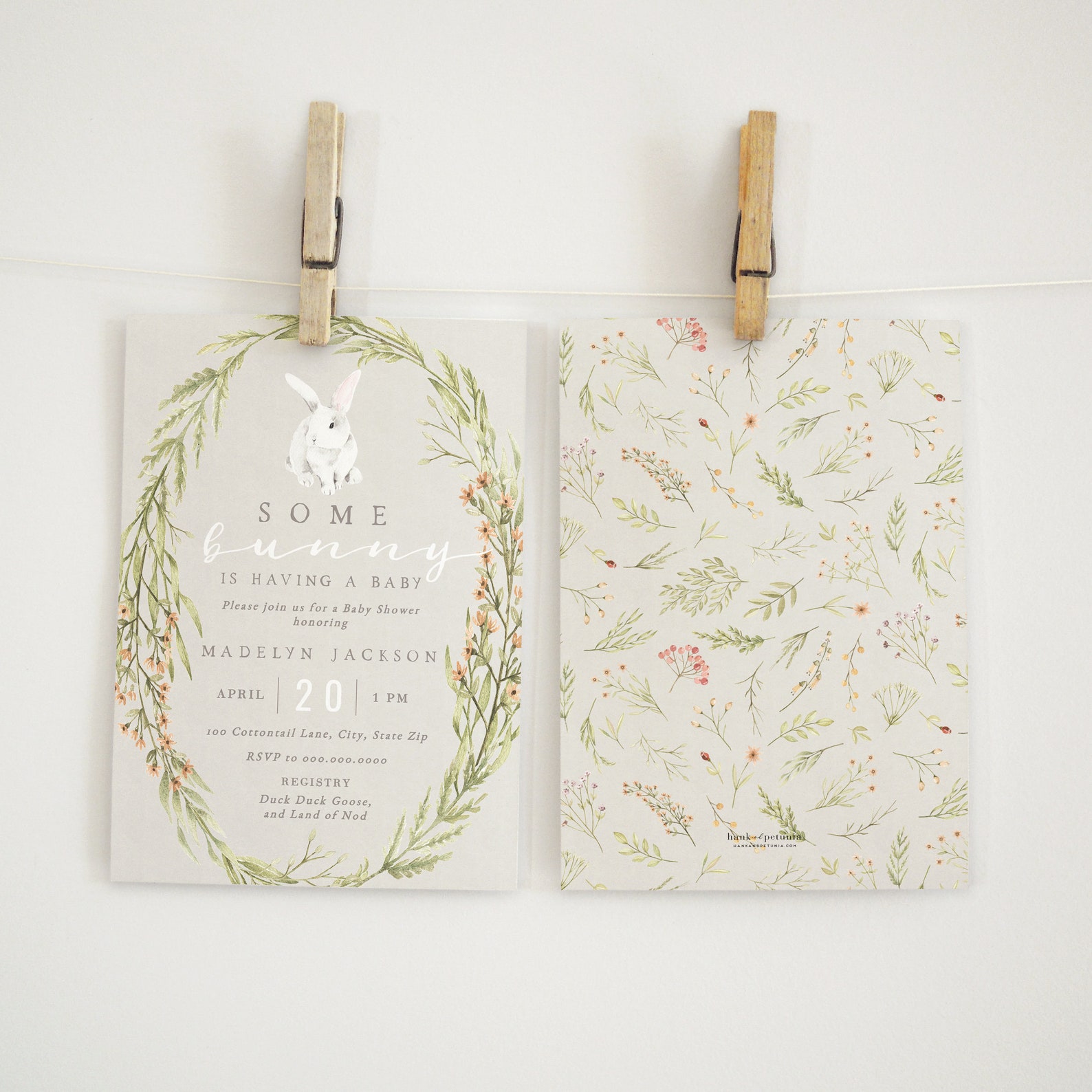 Bunny Spring Baby Shower Invitation, Spring Floral Baby Shower Digital ...