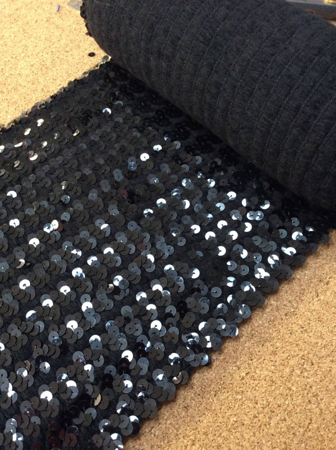 Sequin Stretch Fabric, Sequins Fabric, Black Sequins on a Stretch Wool ...