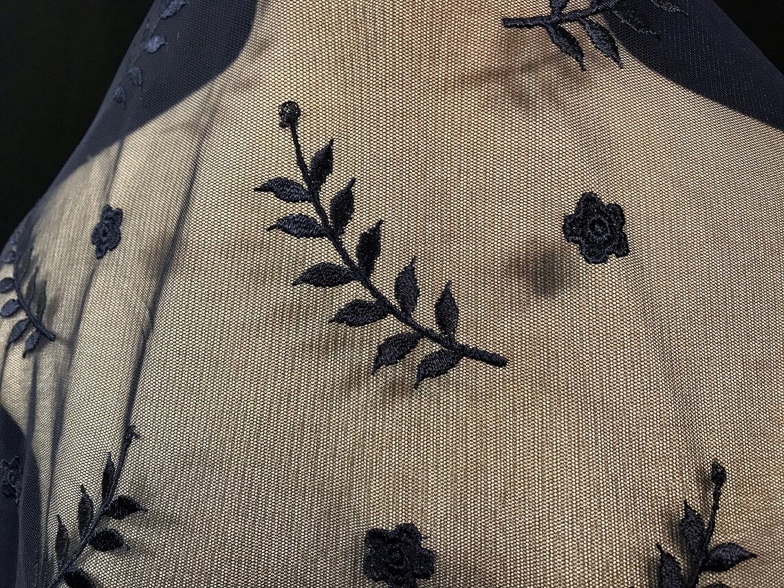 Navy Blue Embroidered Lace, Flowy Material, See Through Fabric, Sheer ...