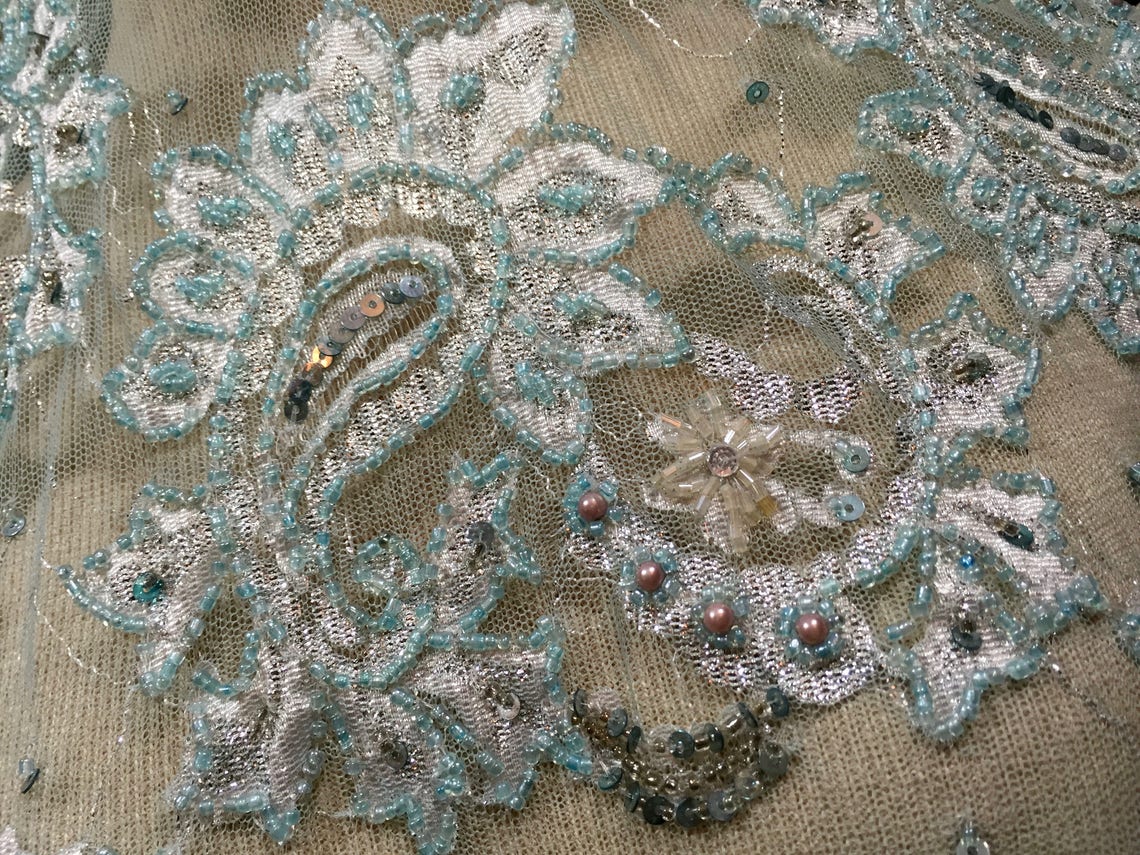 Beaded Fabric Lace Lace Fabric Turquoise Fabric Blue Lace - Etsy
