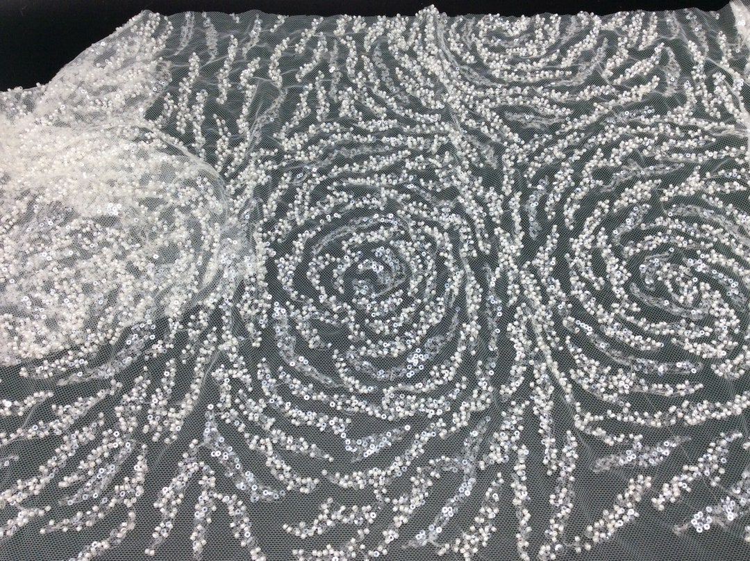 Light Ivory White Beaded Fabric, Wedding Material,bridal Beads - Etsy