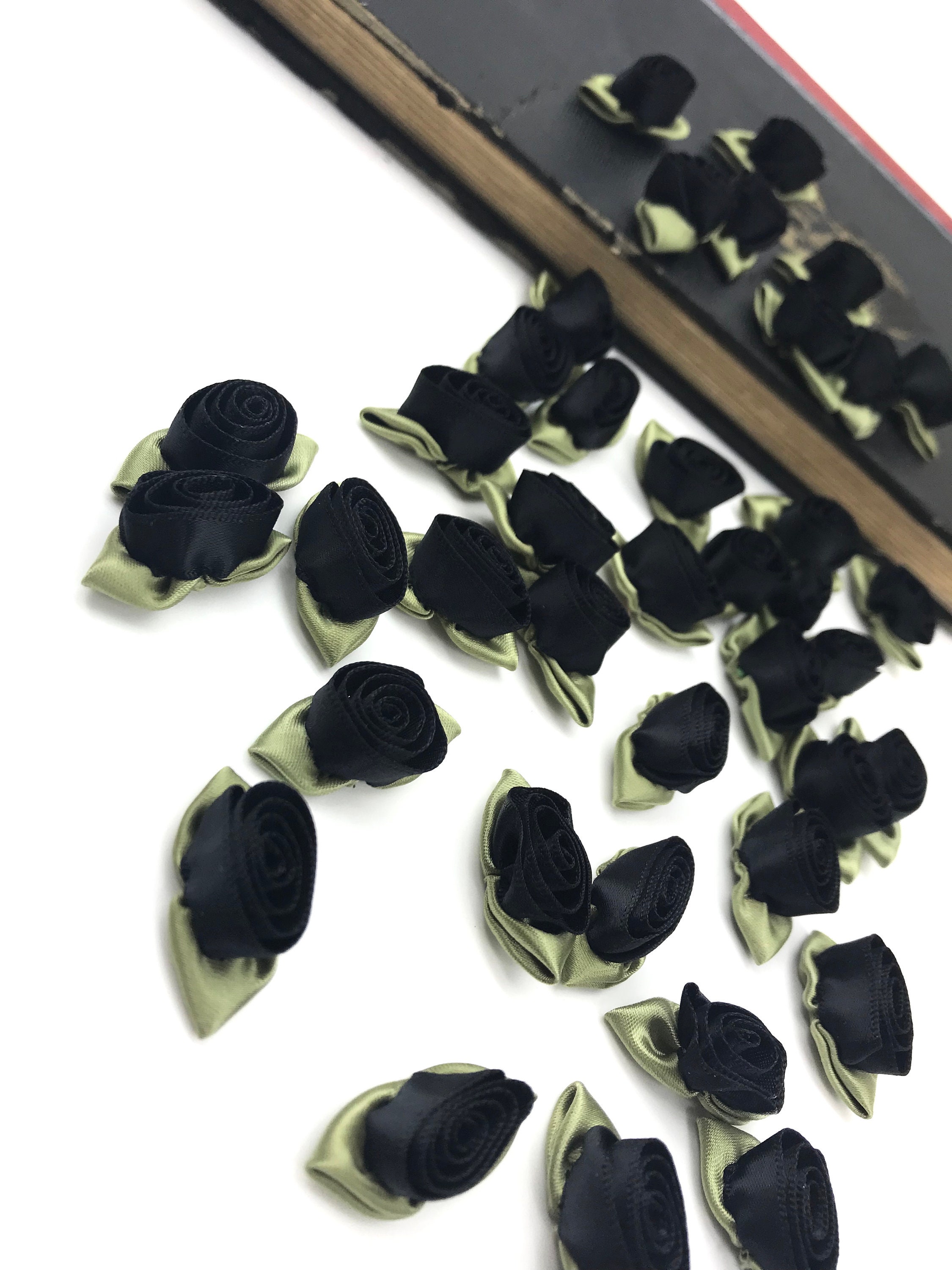 Black Handmade Rose Flowers, Black Rosettes, Black Rosettes With Green ...