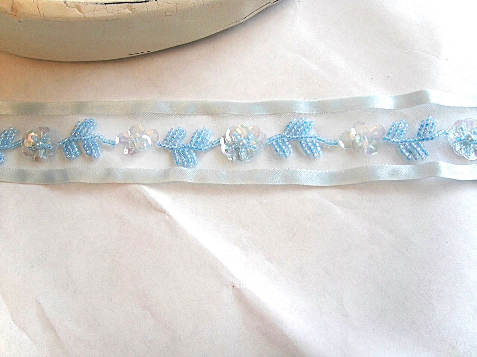 Blue Beaded Trim Ribbon, Blue Ribbon, Light Blue Embellishments, Baby ...
