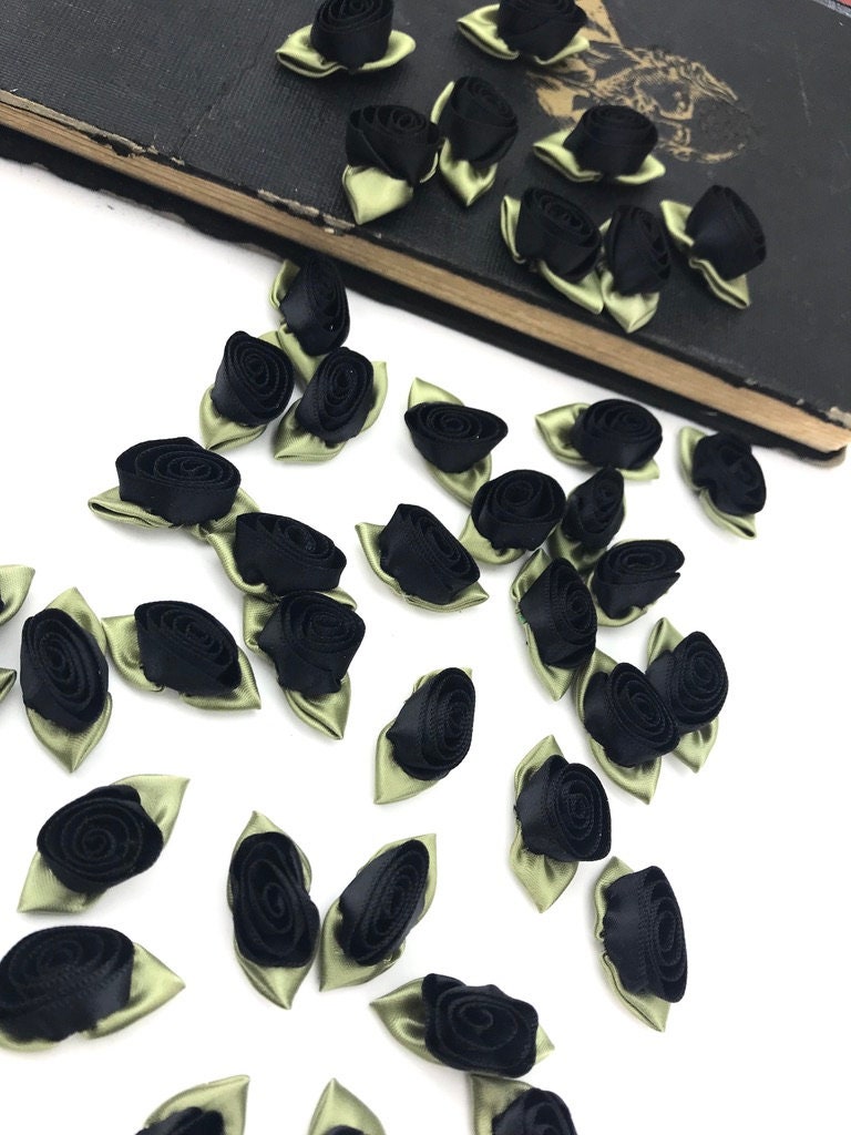 Black Handmade Rose Flowers, Black Rosettes, Black Rosettes With Green ...