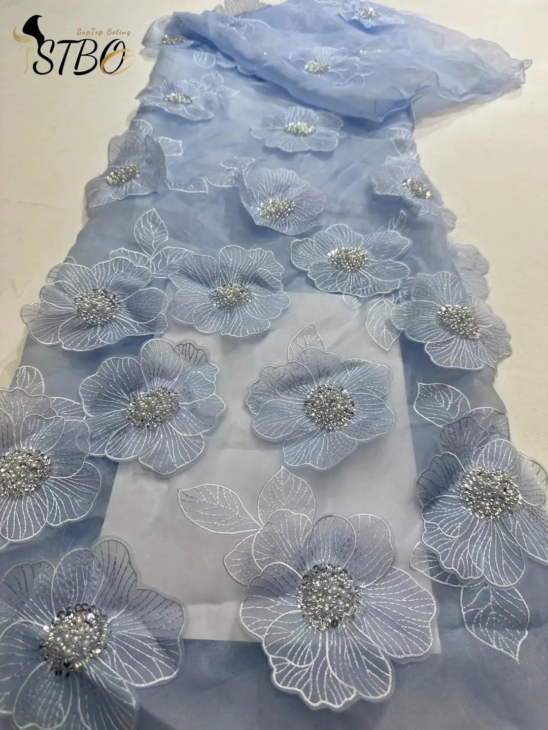 Blue 3D Flower Beaded Tulle Fabric Dress Fancy Organza Base - Etsy