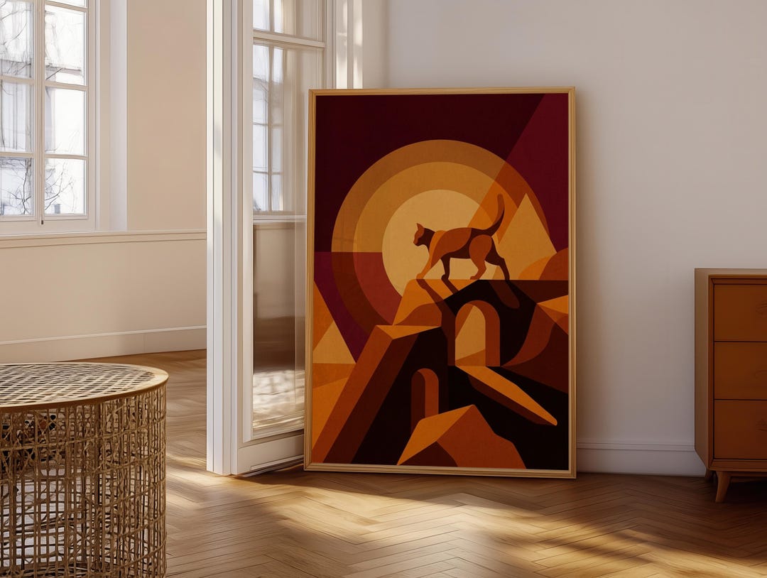 Abstract Cat Landscape Wall Art, Geometric Cat Silhouette Poster, Warm ...