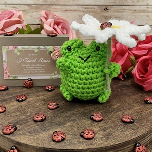 Crocheted Frog Holding Daisy Stuffed Animal, Cute Frog Plush, Unique ...