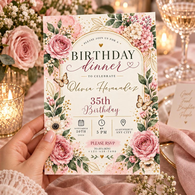 Editable Birthday Dinner Invitation, Elegant Floral Birthday Dinner ...
