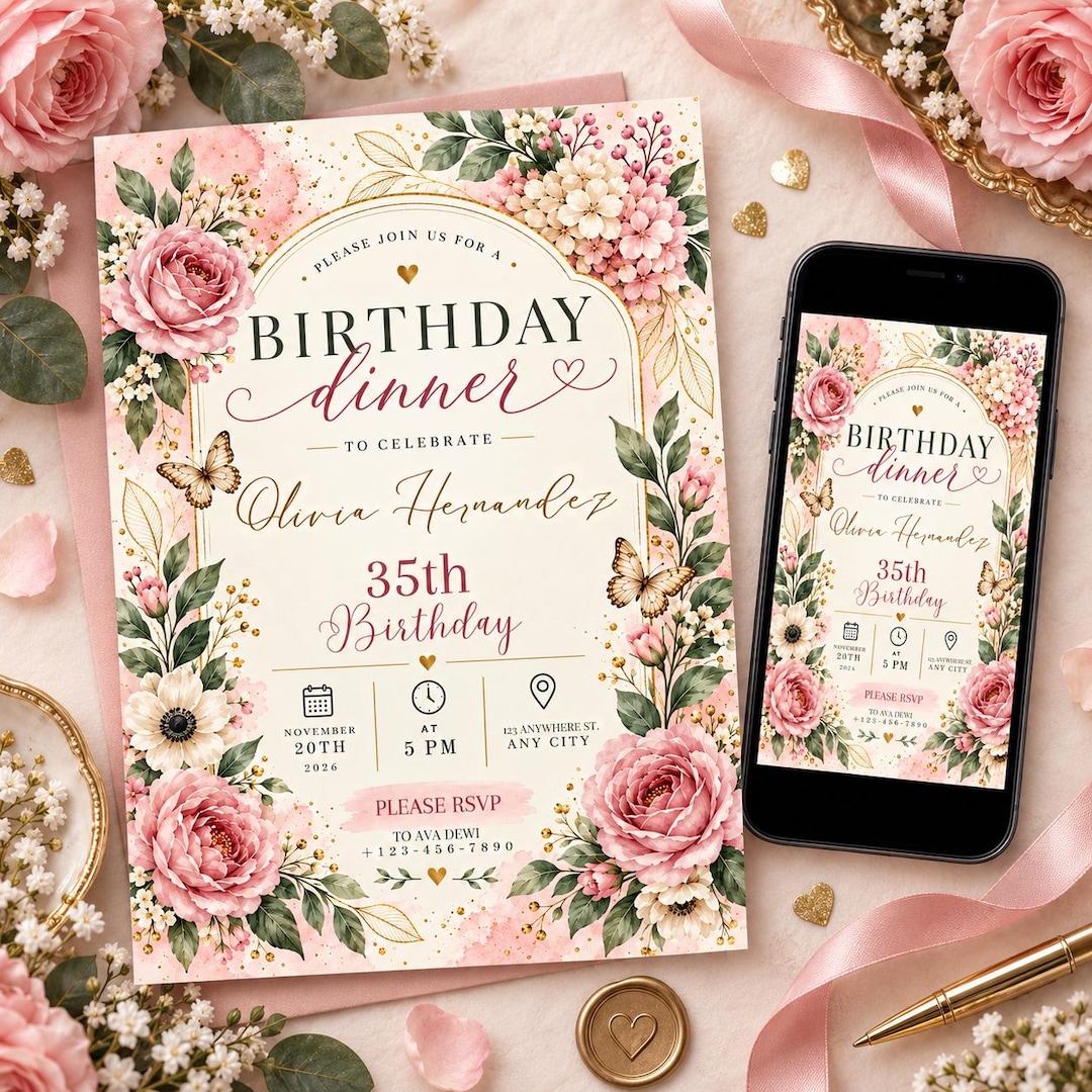 Editable Birthday Dinner Invitation, Elegant Floral Birthday Dinner ...