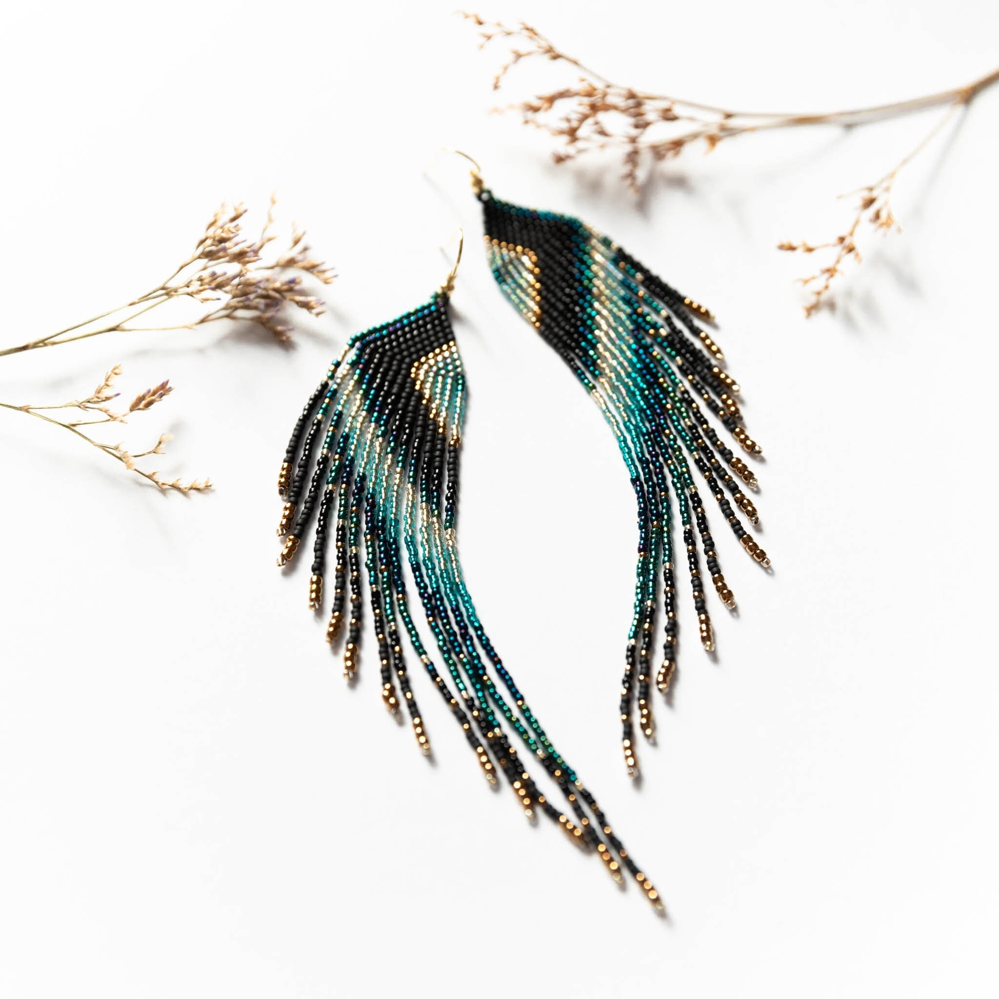 Black Gold Teal Green Drongo Wings Beaded Earrings, Drongo Feather ...