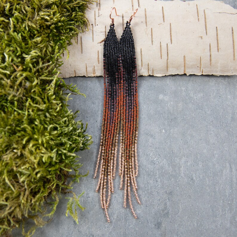Rust and Gold Beaded Earrings Extra Long Gradient Beaded - Etsy