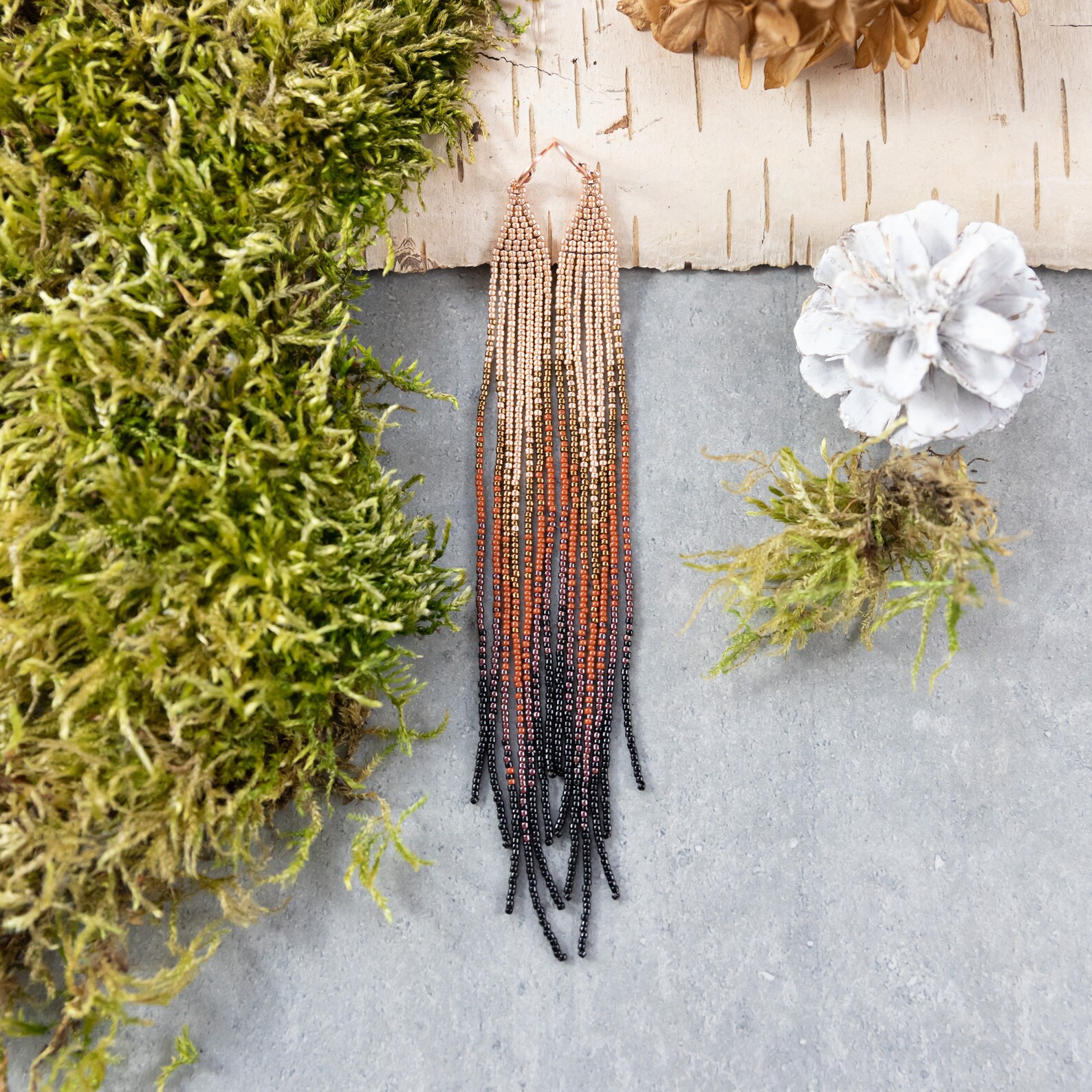 Rust and Gold Beaded Earrings, Extra Long Gradient Beaded Earrings ...