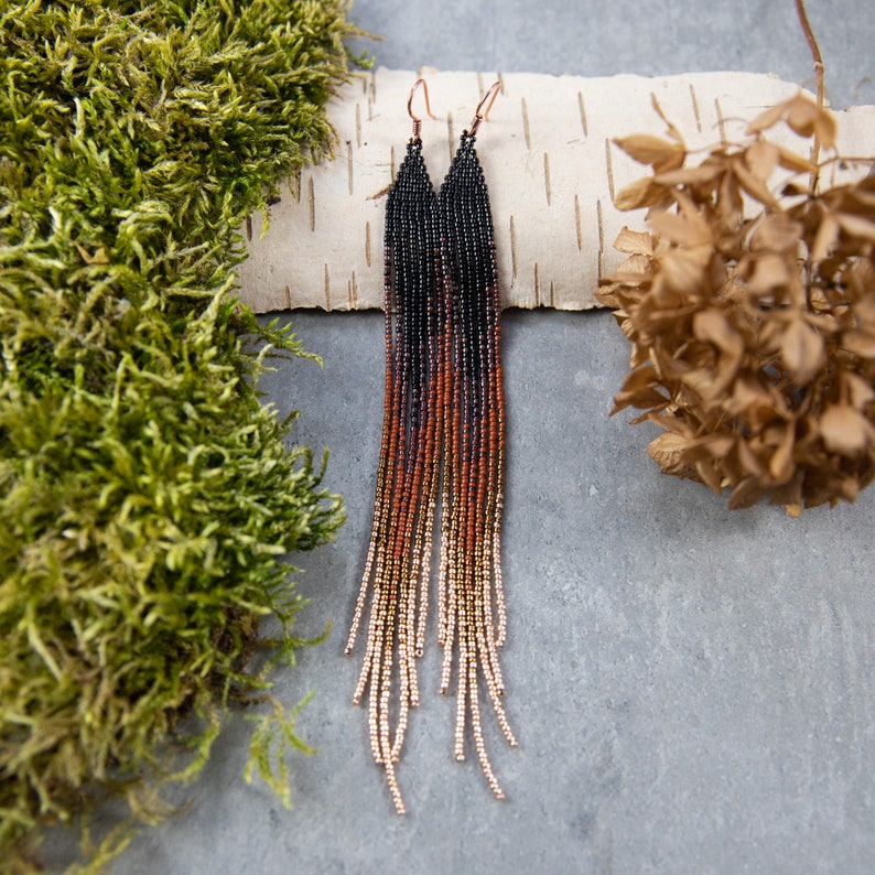 Rust and Gold Beaded Earrings Extra Long Gradient Beaded - Etsy