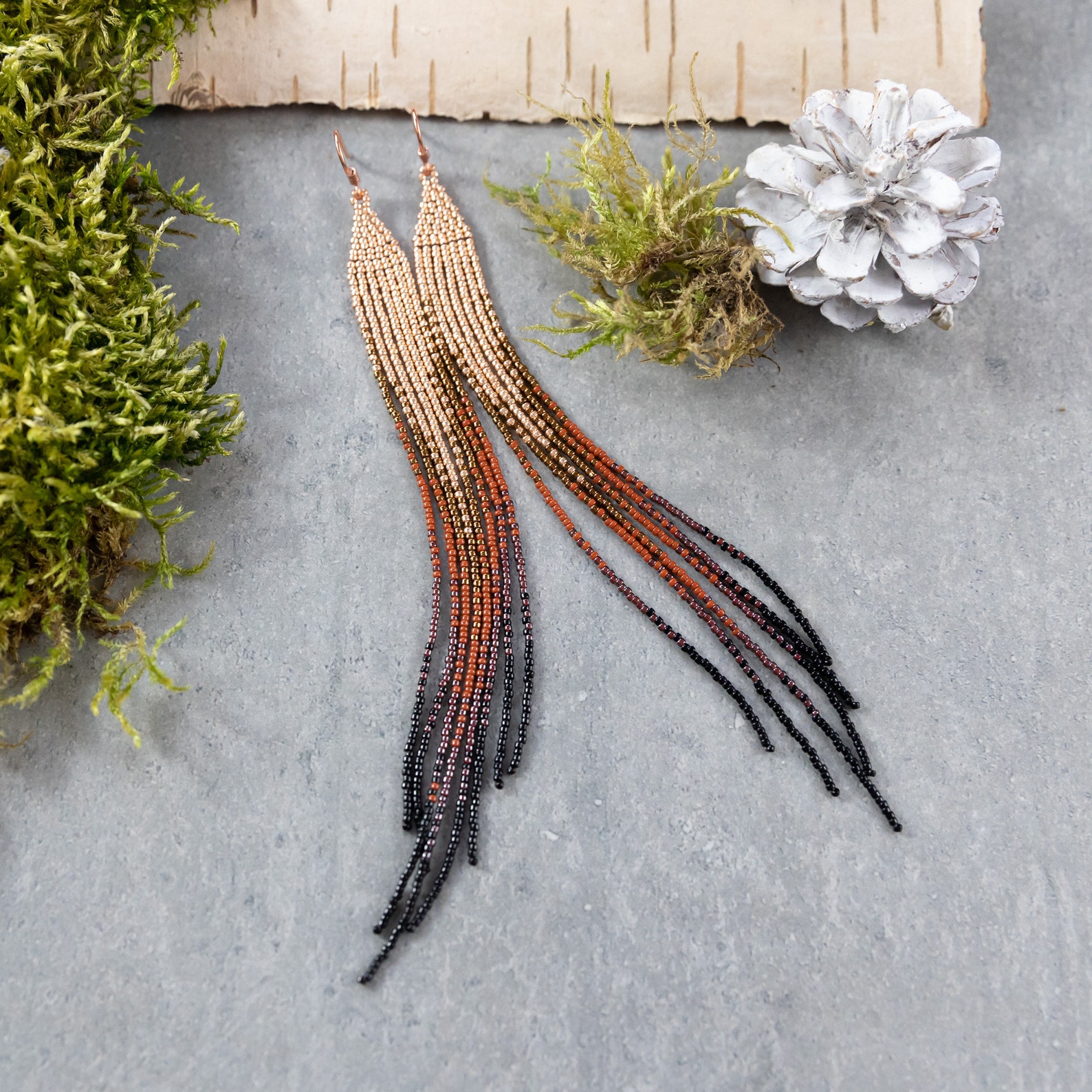 Rust and Gold Beaded Earrings, Extra Long Gradient Beaded Earrings ...