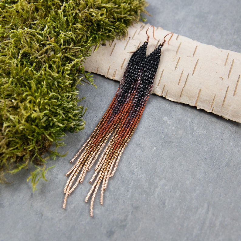 Rust and Gold Beaded Earrings Extra Long Gradient Beaded - Etsy