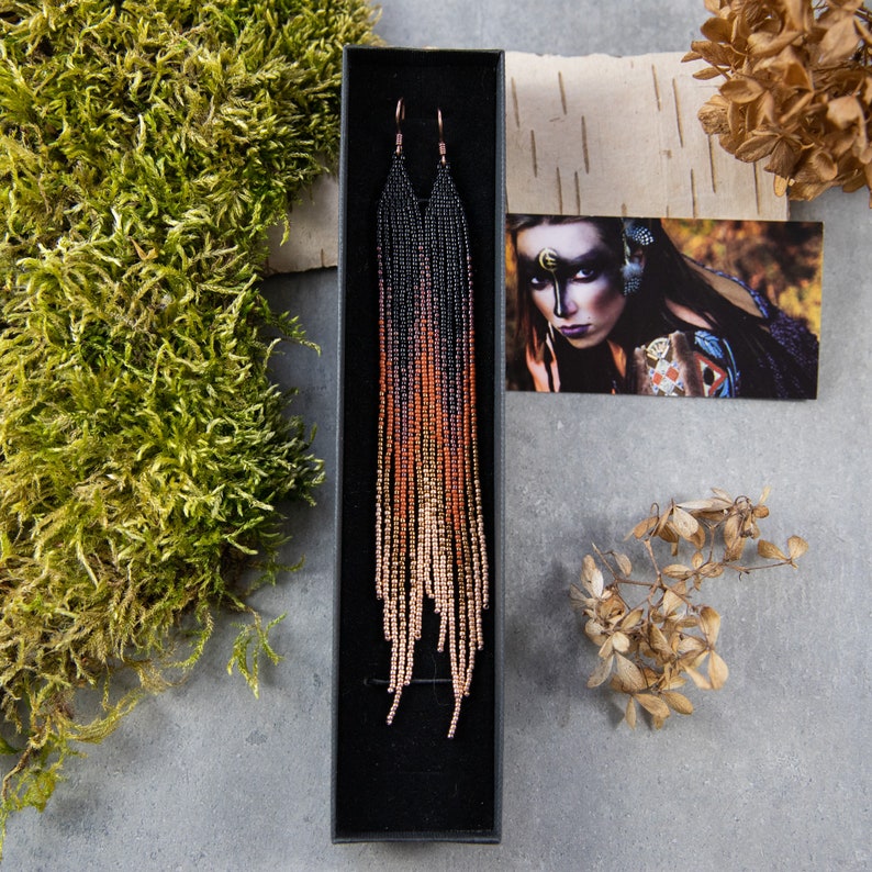 Rust and Gold Beaded Earrings Extra Long Gradient Beaded - Etsy