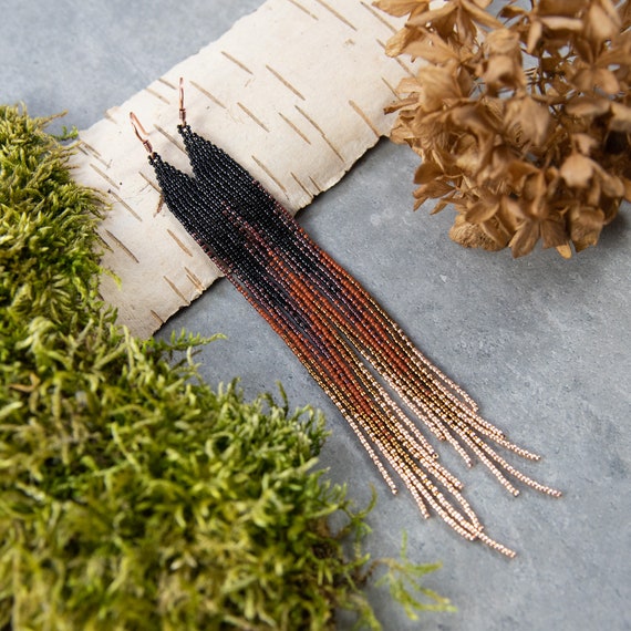Rust and Gold Beaded Earrings Extra Long Gradient Beaded - Etsy