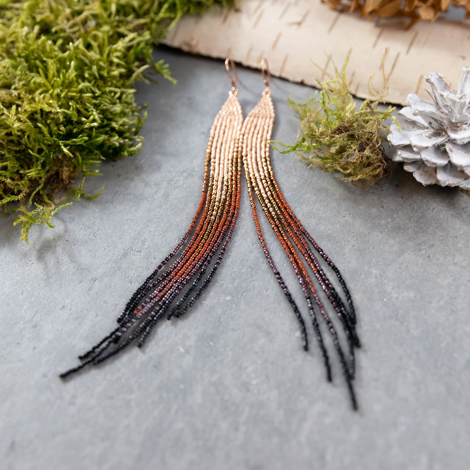 Rust and Gold Beaded Earrings Extra Long Gradient Beaded | Etsy